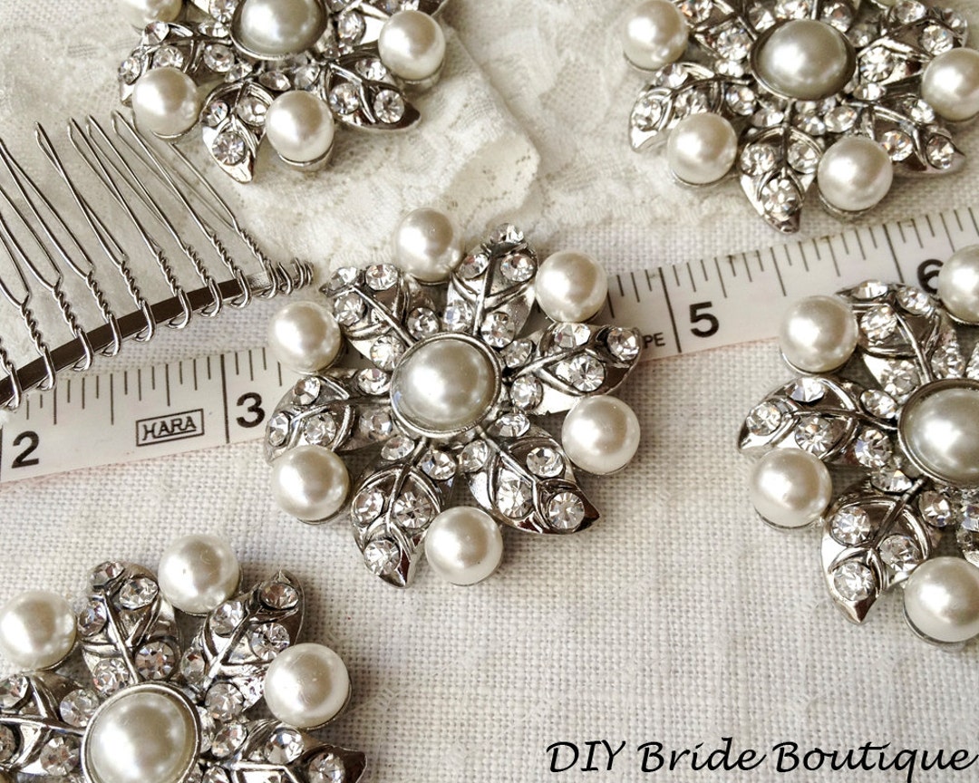 5 Rhinestone and Pearl Brooches, Wedding Brooch Lot of 5, Large Pearl ...