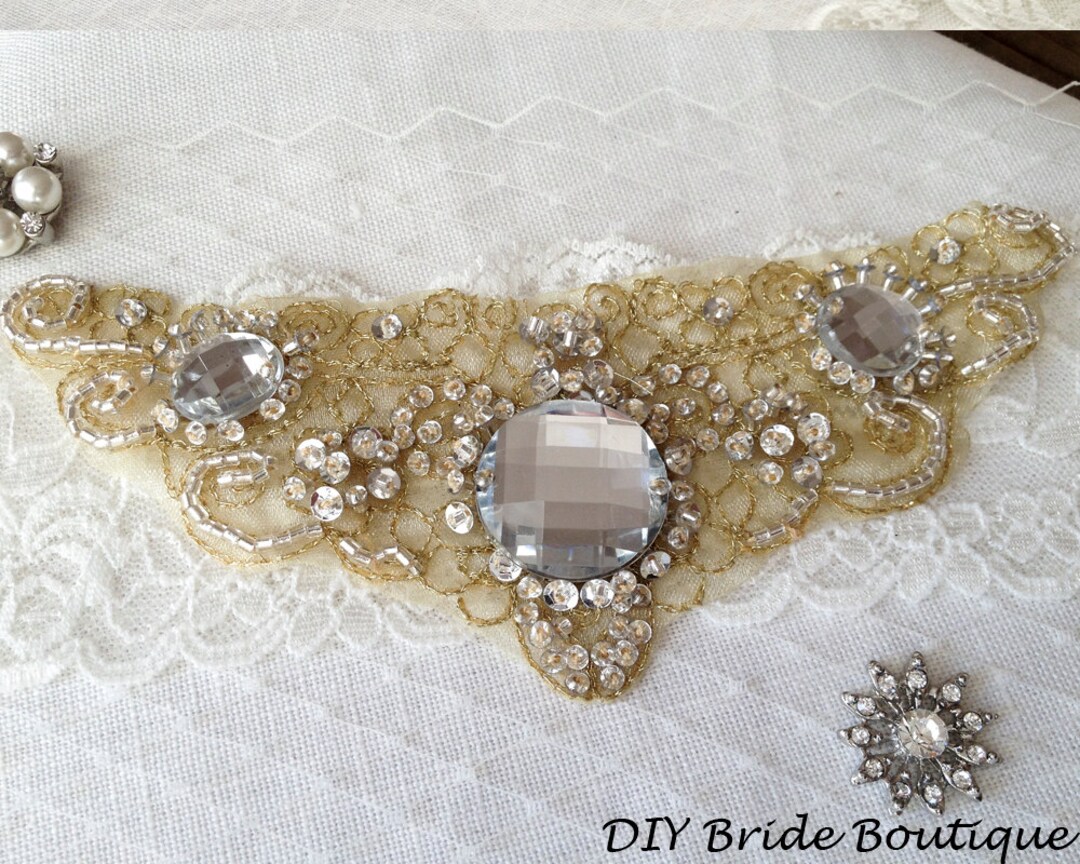 Rhinestone Applique, Gold Crystal Applique, Wedding Applique, Beaded ...