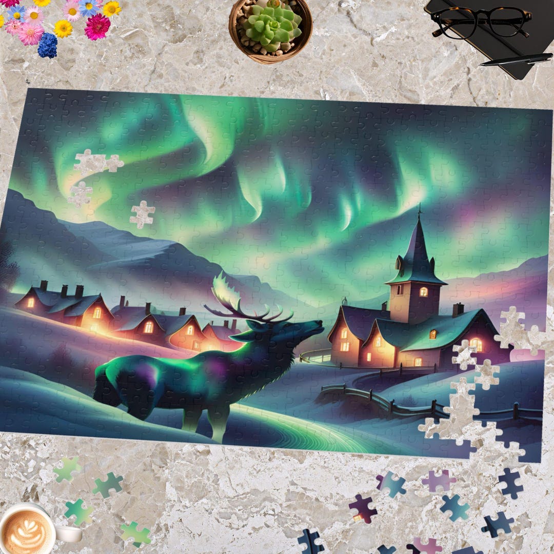 Aurora Borealis Village Stag Puzzle Art, Enchanted Deer Wonderland ...