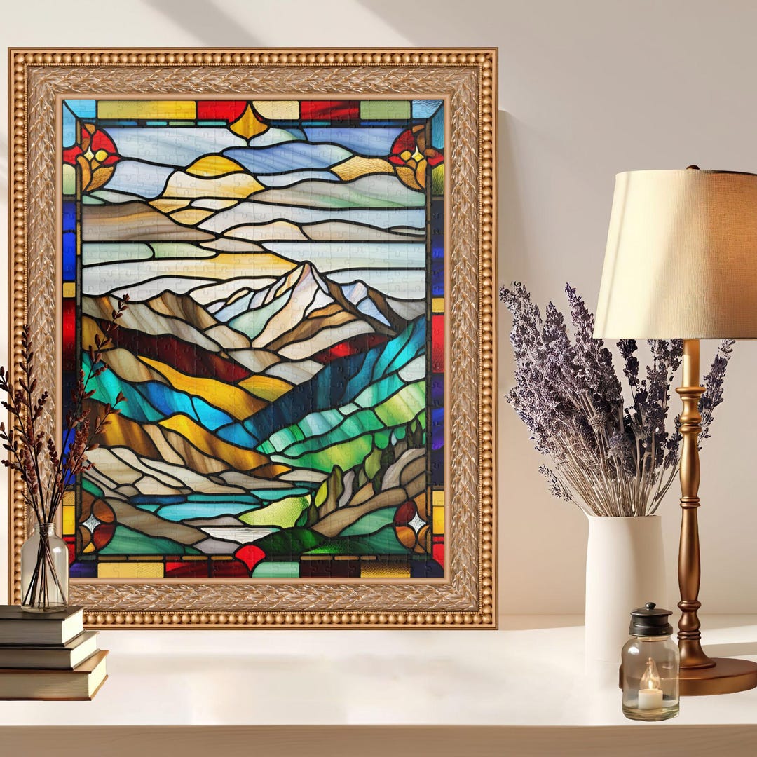 Stained Glass Panel Puzzle, Mountain Illustration, Mosaic - 1000+ Piece ...