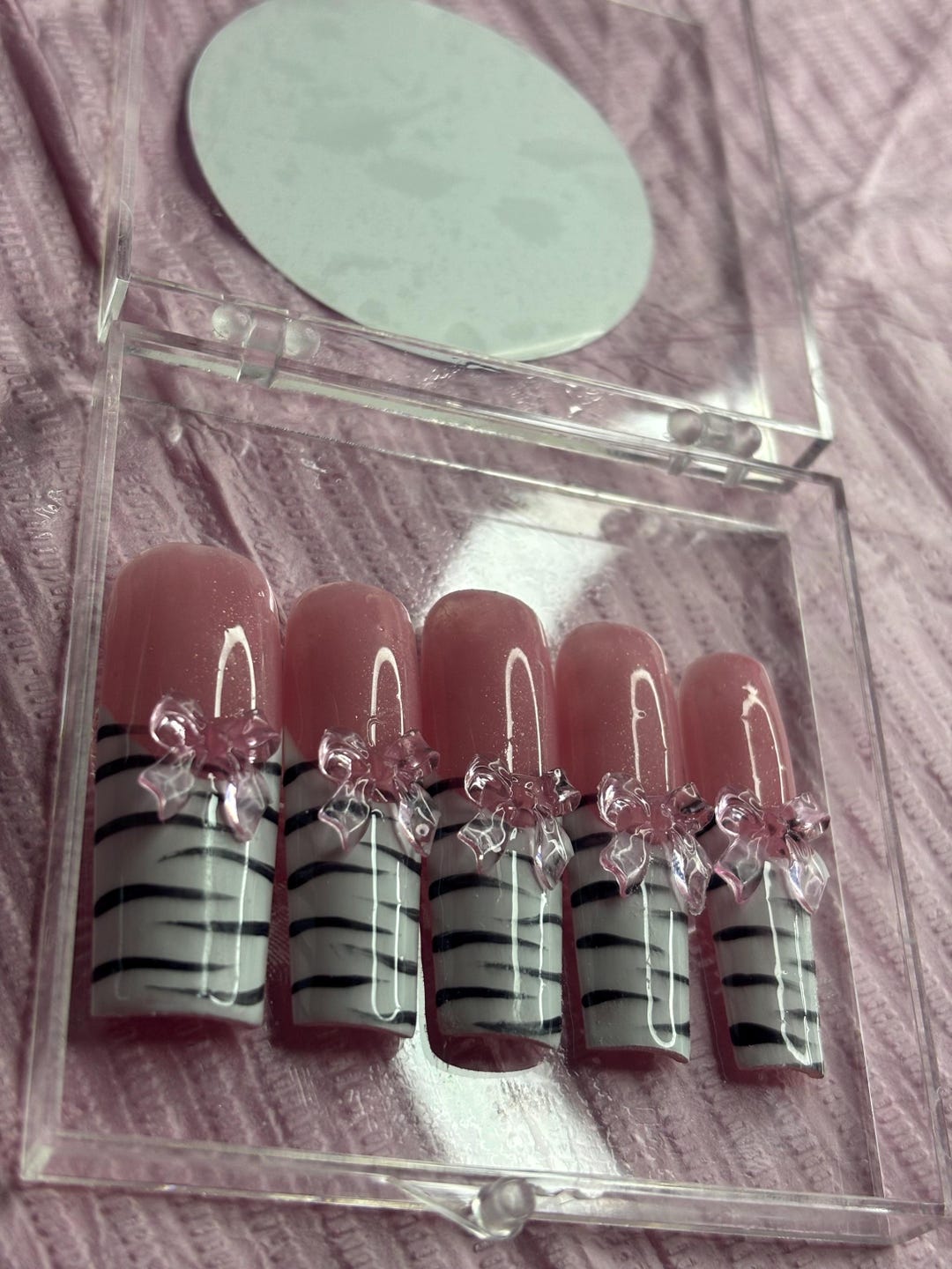 Zebra Print French Tips & Pink Bow Press Ons | Square XL Press Ons ...
