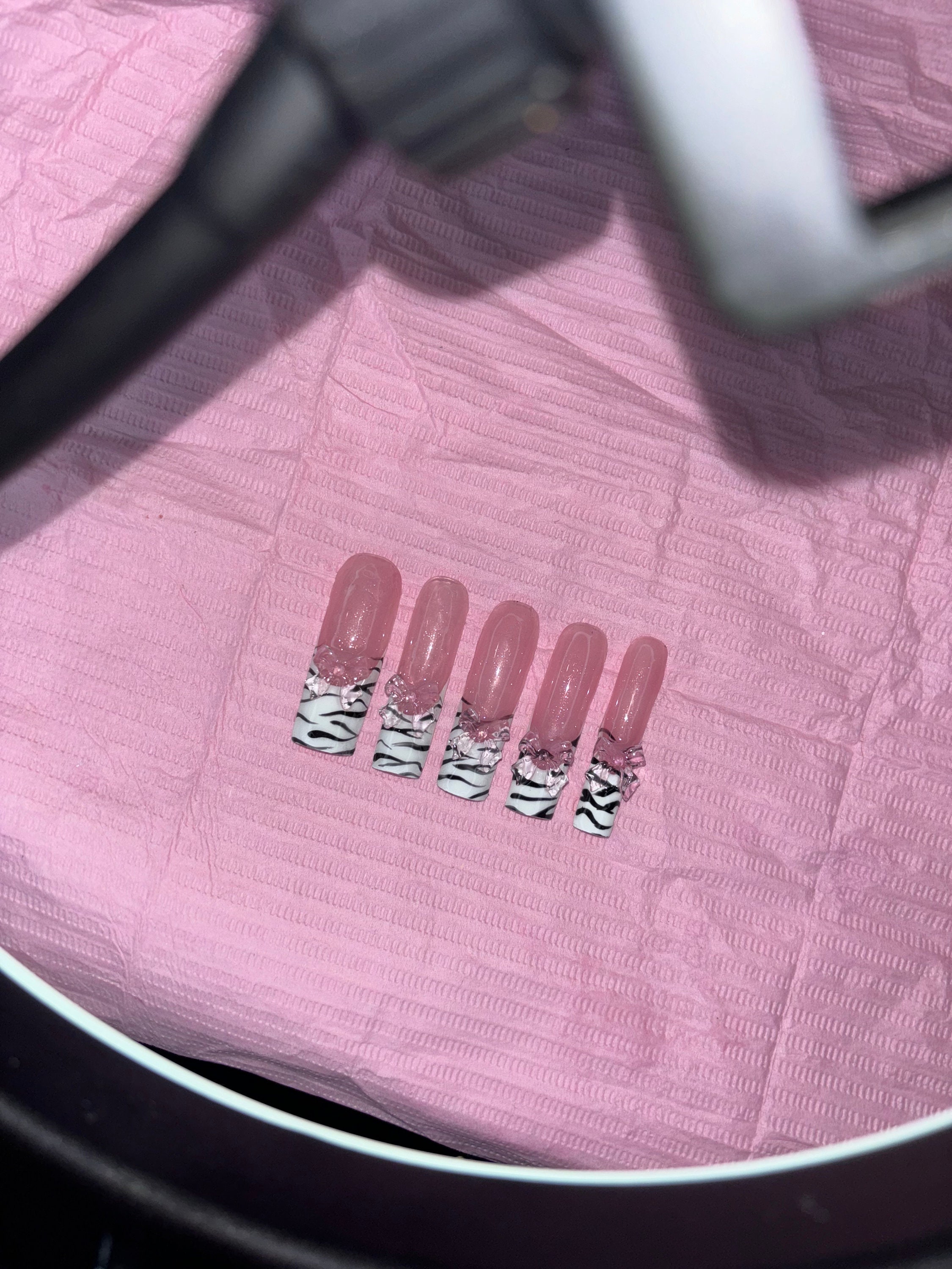 Zebra Print French Tips & Pink Bow Press Ons | Square XL Press Ons ...