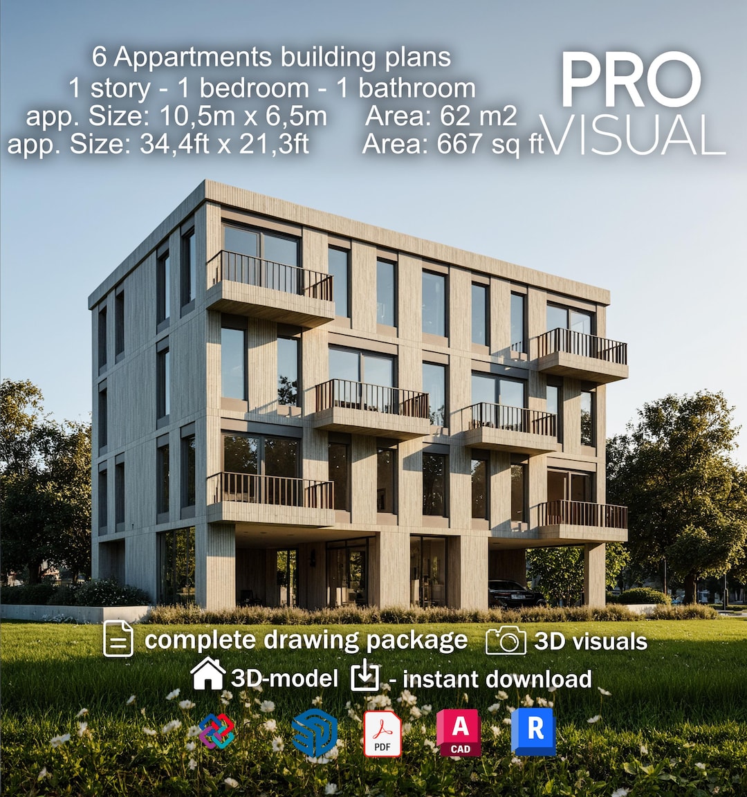 6 Apartments Complex Building Blueprints | Luxury Condo Layout Set ...