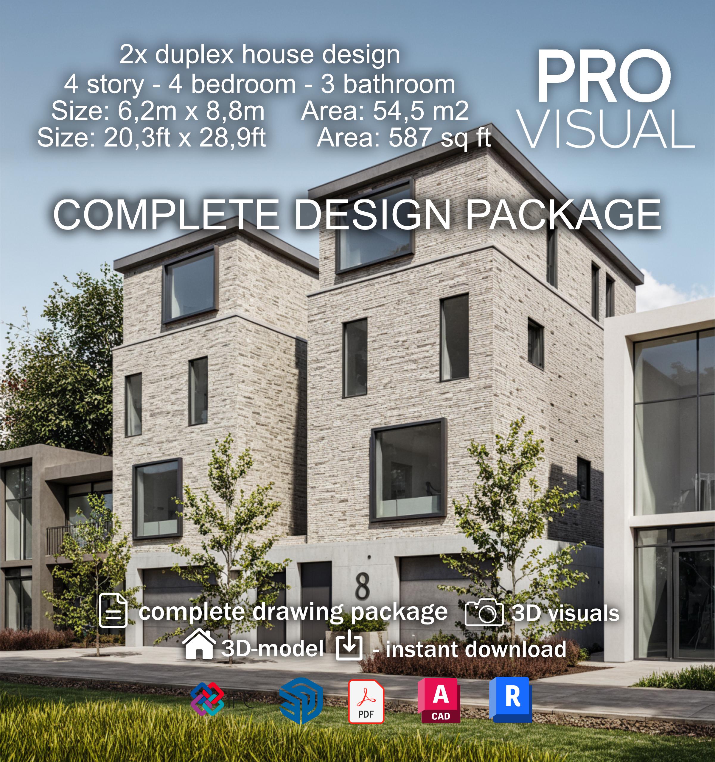 2x Duplex House Plan – 4 Bedroom 4 Story Multi-unit Building, Complete ...