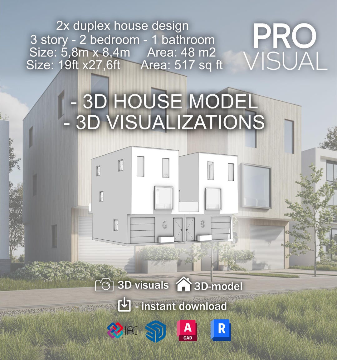 Modern Duplex House 3D Model | 2x 3-story Townhouse Design | 2 Bedroom ...