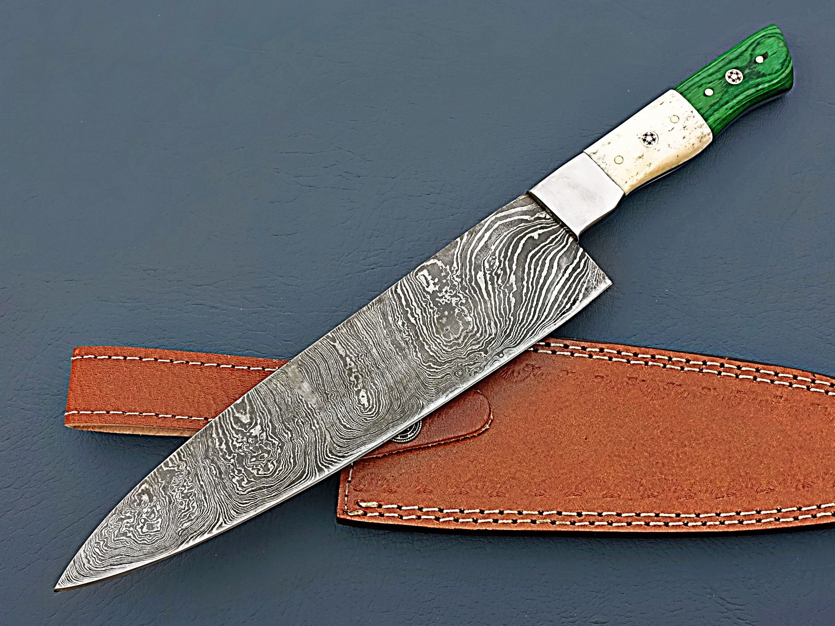 Handmade Damascus Chef Knife, Premium Culinary Blade, Leather Sheath ...
