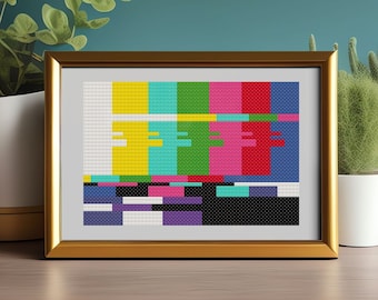 VHS Glitch Cross Stitch Pattern - Retro CRT TV Screen Test Image With ...