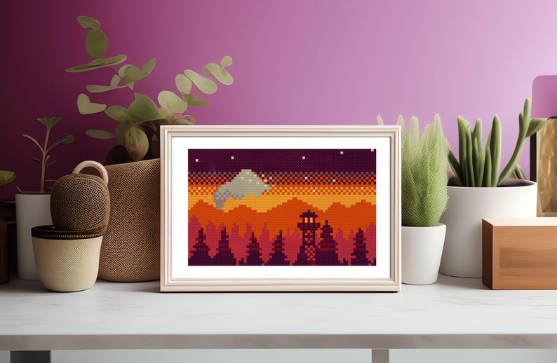 Firewatch-inspired Cross Stitch Pattern – Watchtower at Sunset – Modern ...