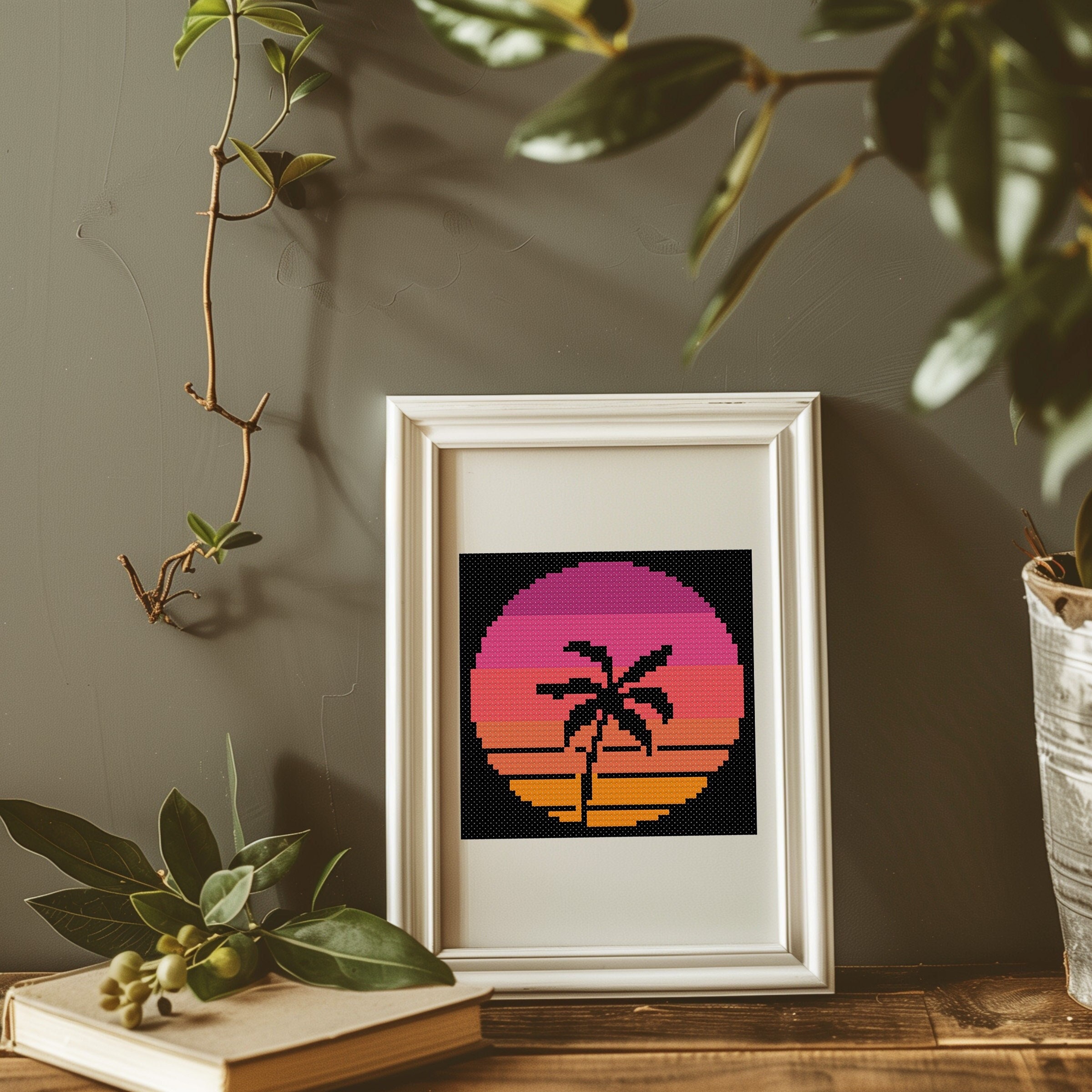 Retrowave Palm Tree Sunset Cross Stitch Pattern - Neon Synthwave Pixel ...