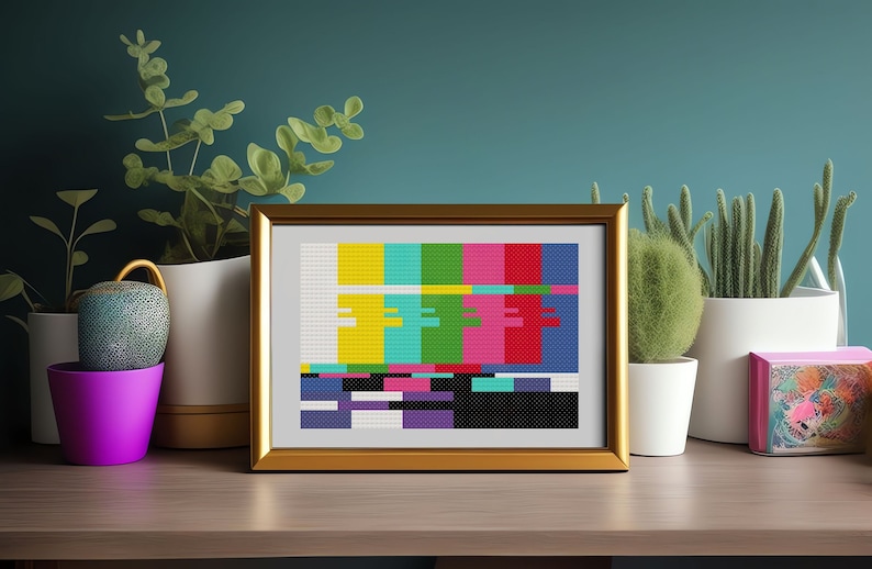 VHS Glitch Cross Stitch Pattern - Retro CRT TV Screen Test Image With ...