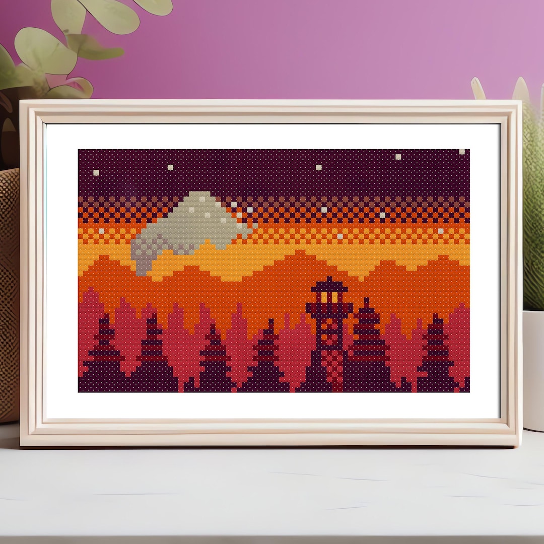 Firewatch-inspired Cross Stitch Pattern – Watchtower at Sunset – Modern ...