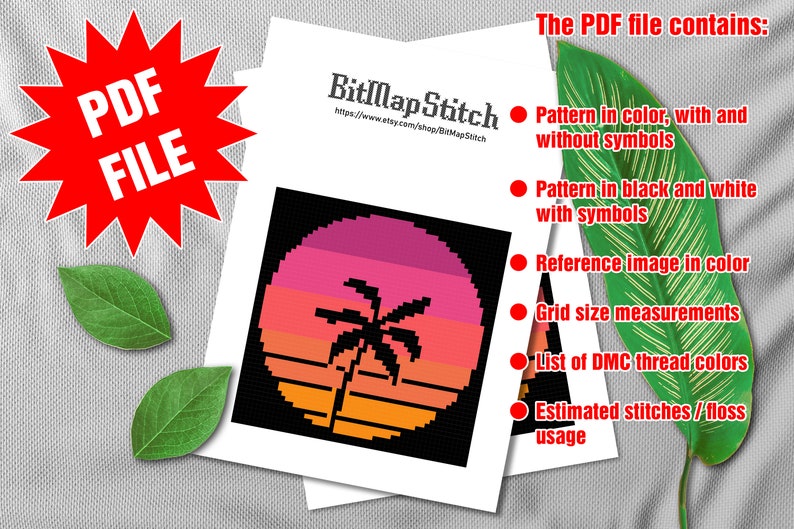 Retrowave Palm Tree Sunset Cross Stitch Pattern - Neon Synthwave Pixel ...