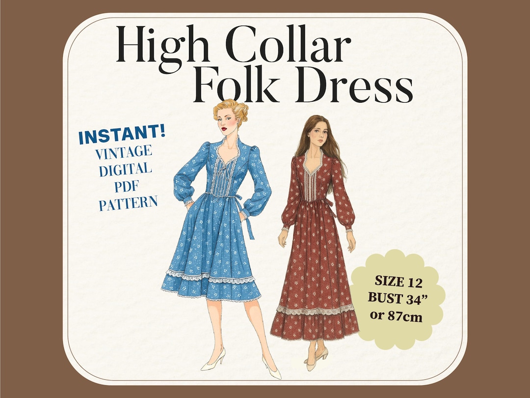 1980s Folk Dress Sewing Pattern: High Collar, Ruffle Trim - Size 12 ...
