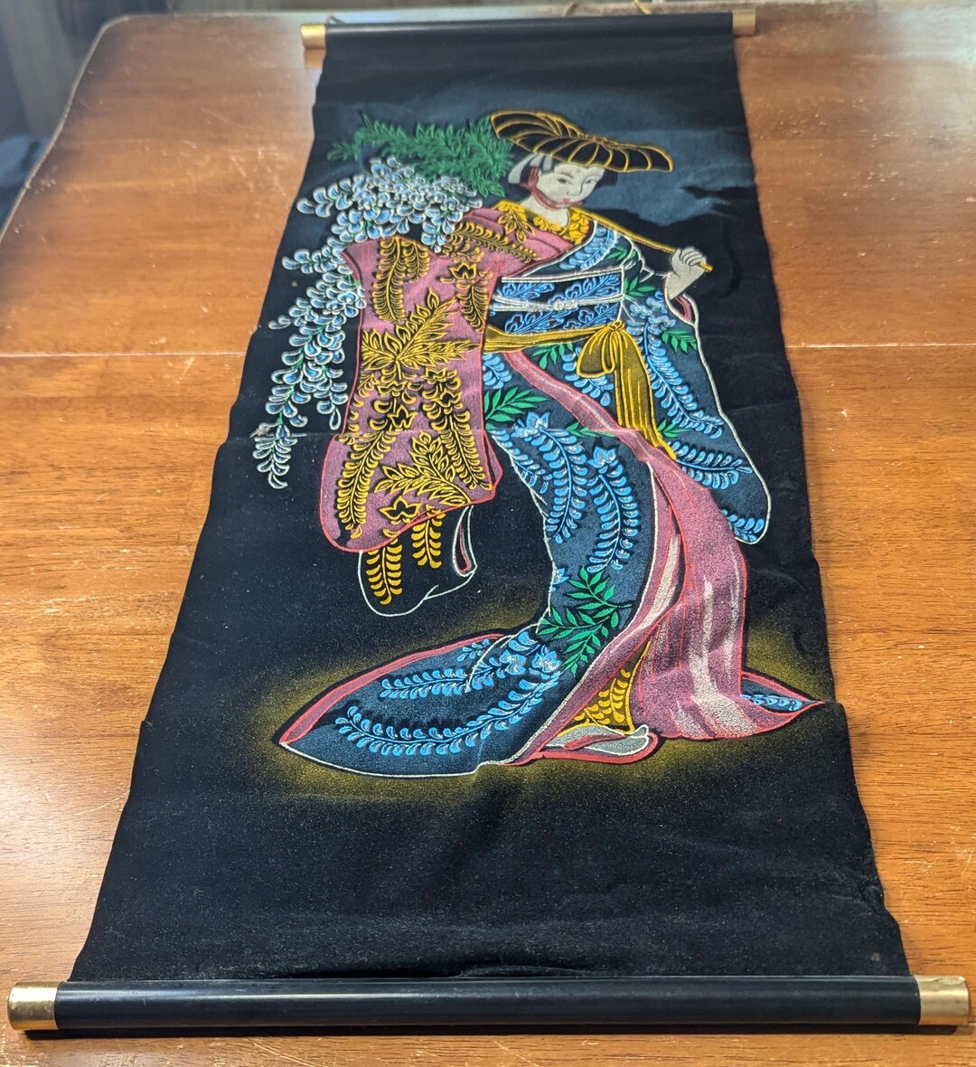 Vintage 1960s Japanese Geisha Wall Hanging Tapestry Velvet Hand Painted ...