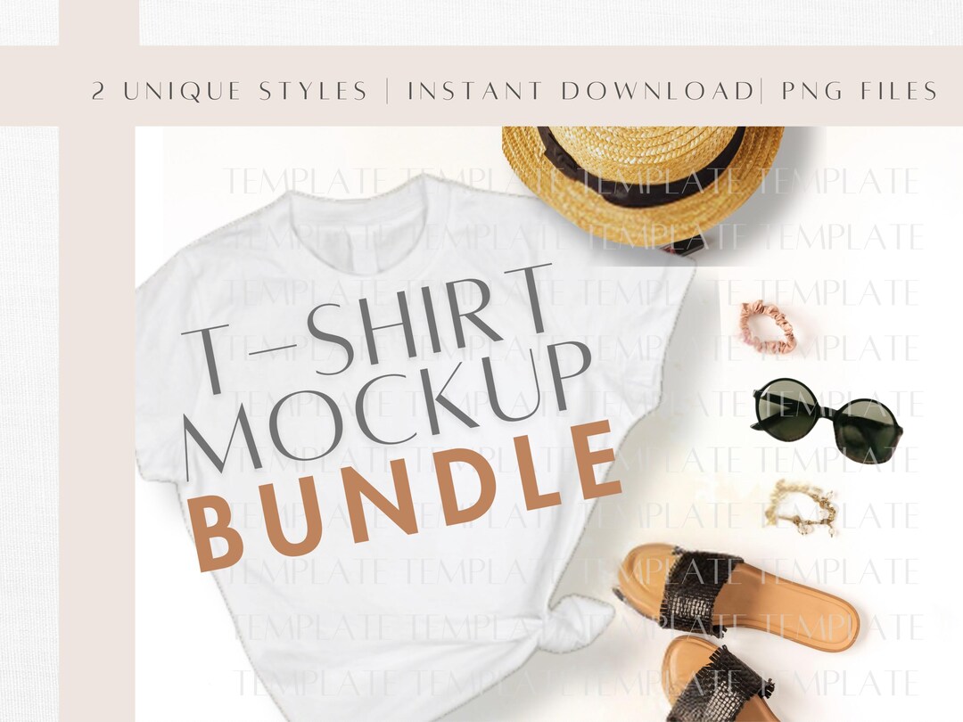 Designer Flat Lay & Side Knot White T-shirt Mockup Bundle: (PNG, PDF ...