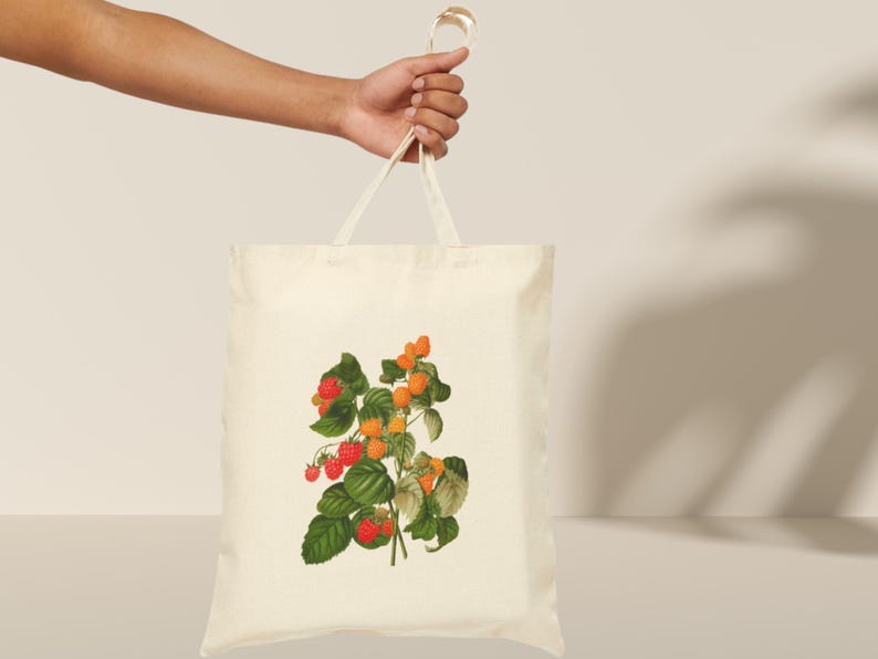 Vintage Raspberry Art Tote, Red, Yellow Raspberries Illustration ...