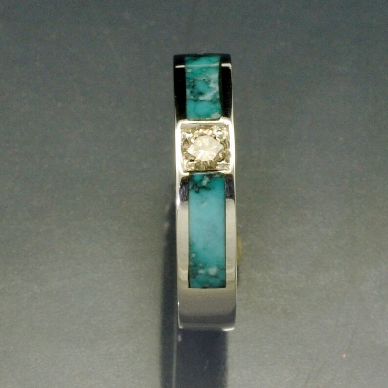 Silver Turquoise Inlay Band with .12ct. Yellowish Diamond | Etsy