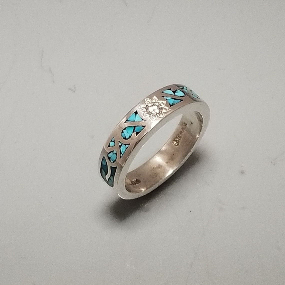 Turquoise Mosaic Inlay Band With Diamond Center Stone - Etsy