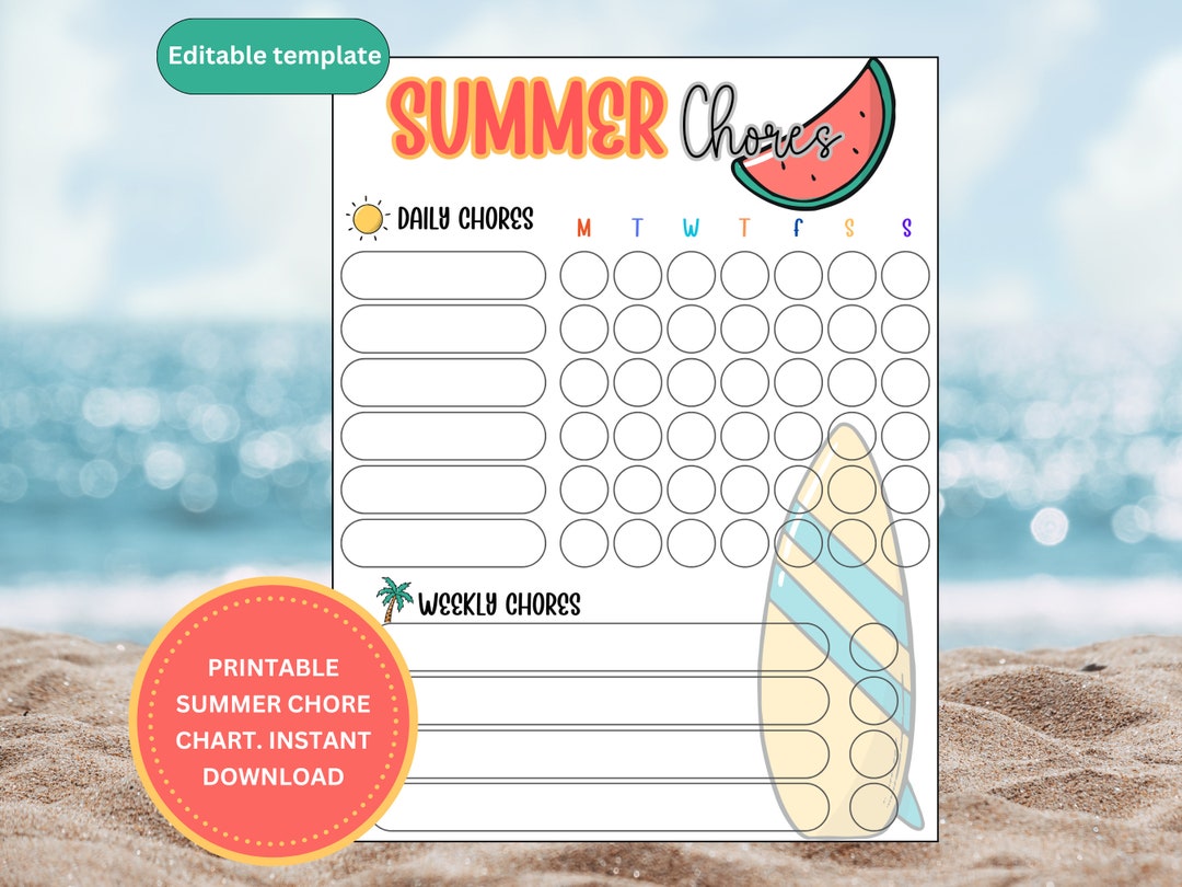 Kids Summer Chore Chart | Printable and Editable Daily Chore Chart ...