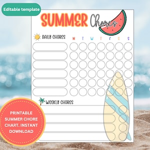 Kids Summer Chore Chart | Printable and Editable Daily Chore Chart ...
