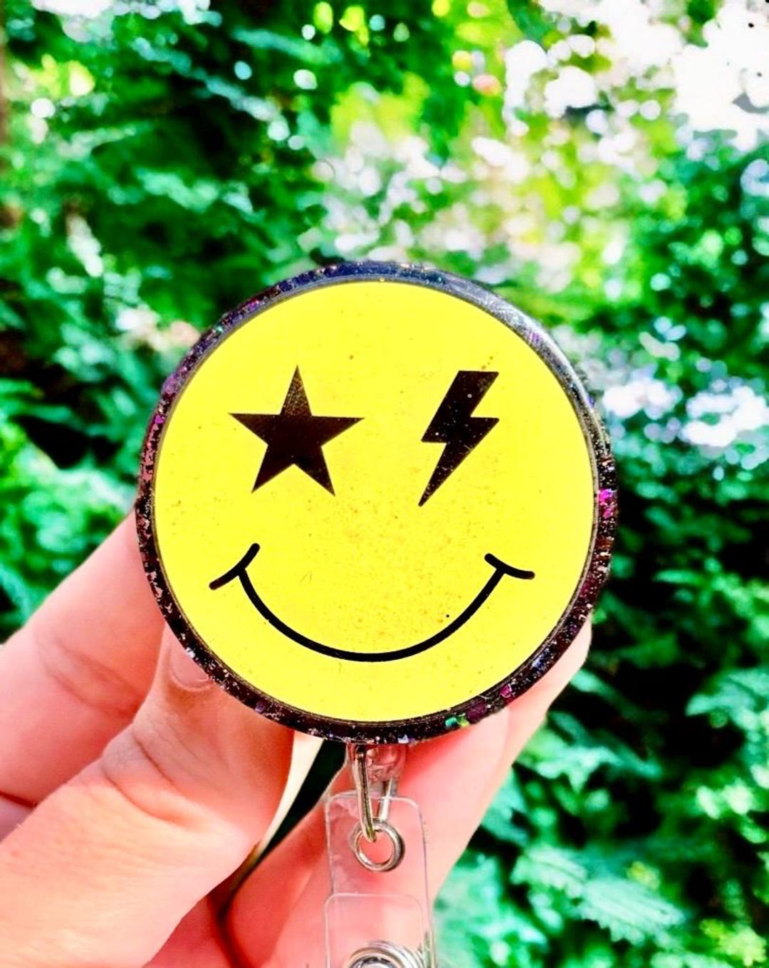 Smiley Face Badge Reel | Cute Star & Lightning Bolt ID Holder ...