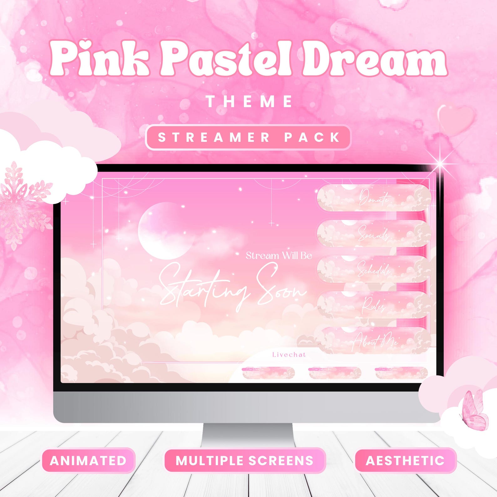 Pink Pastel Dream Streamer Package: Animated Twitch Overlay (OBS Assets ...