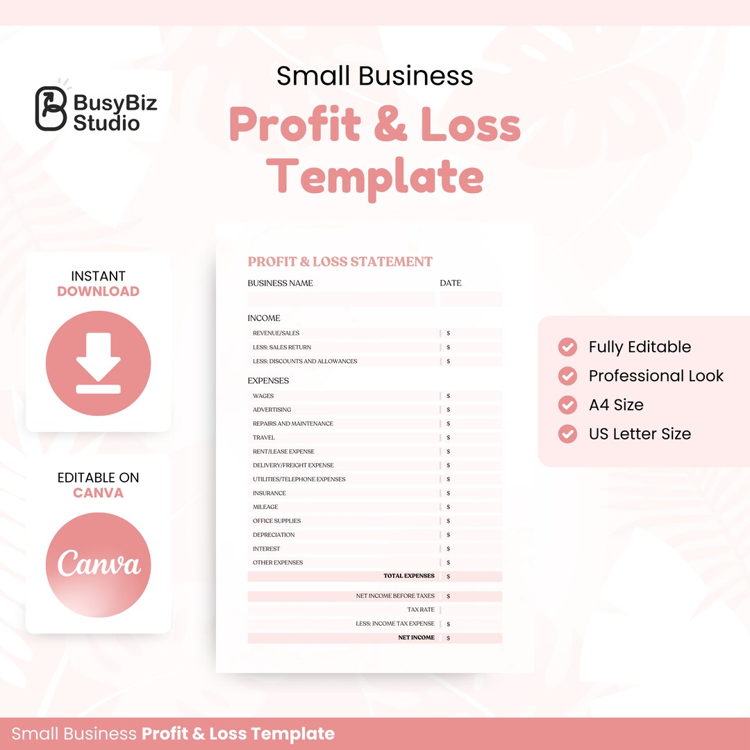 Profit and Loss Canva Template, Balance Sheet for Small Business ...