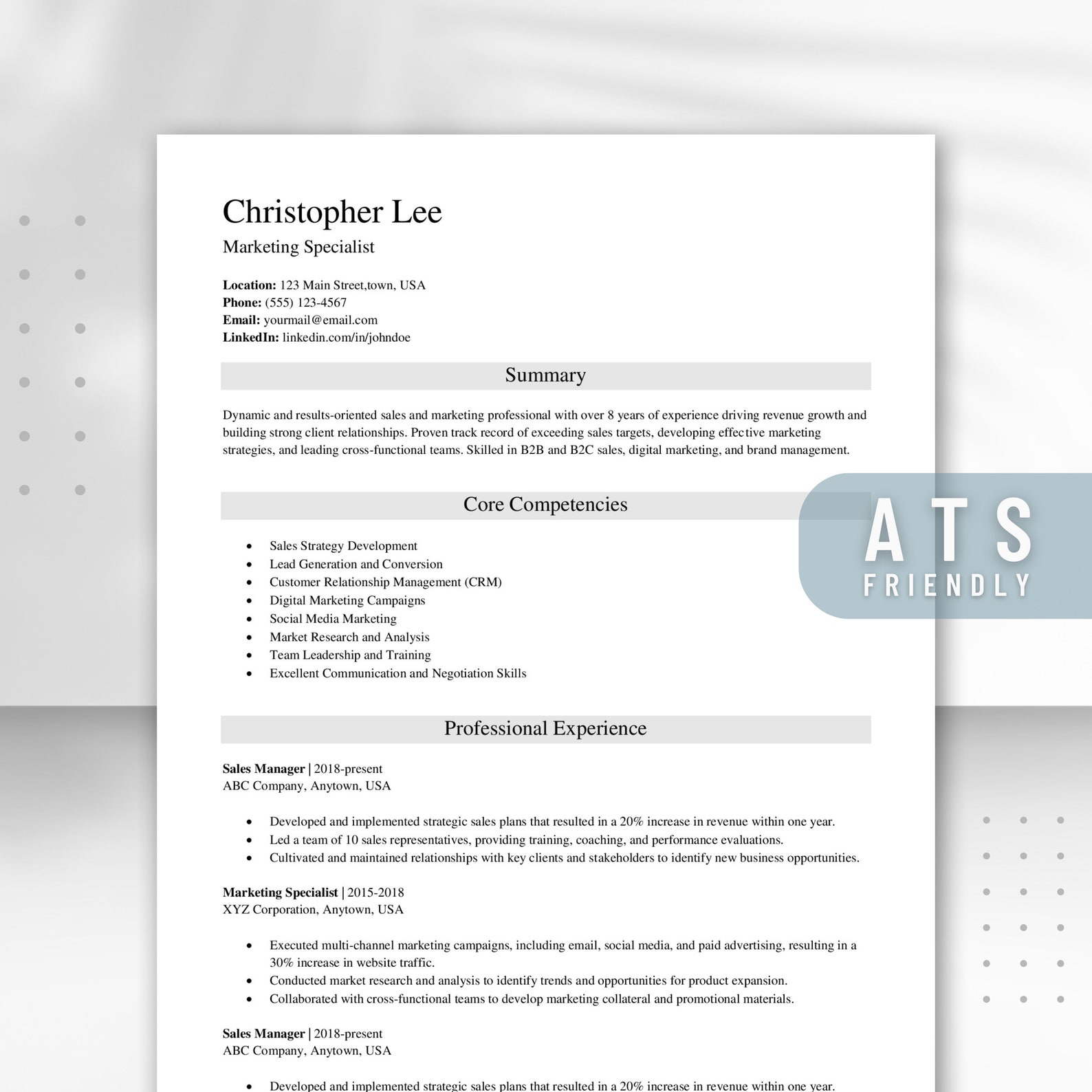 Professional ATS Resume Template for Word and Google Docs | Executive ...