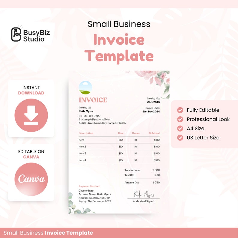 Invoice Template for Small Business, Invoice Canva Template as ...