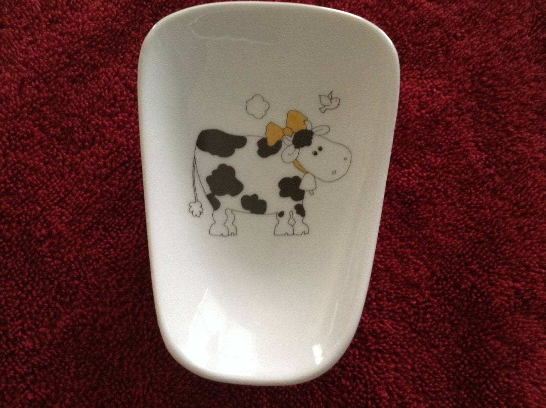Ceramic Spoon Rest With Black and White Cow With a Yellow Bow 5" Long ...