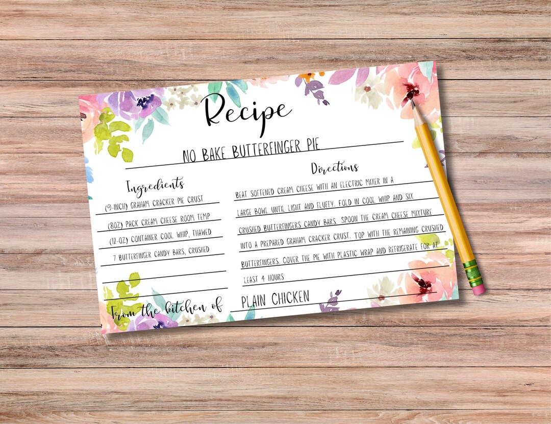 Floral Recipe Card, Recipe Card, Digital Download, Wedding Shower ...
