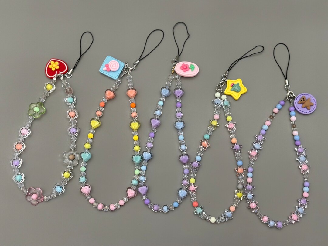 Cute and Colorful Beaded Heart, Flower & Star Phone Charm, Phone Strap ...