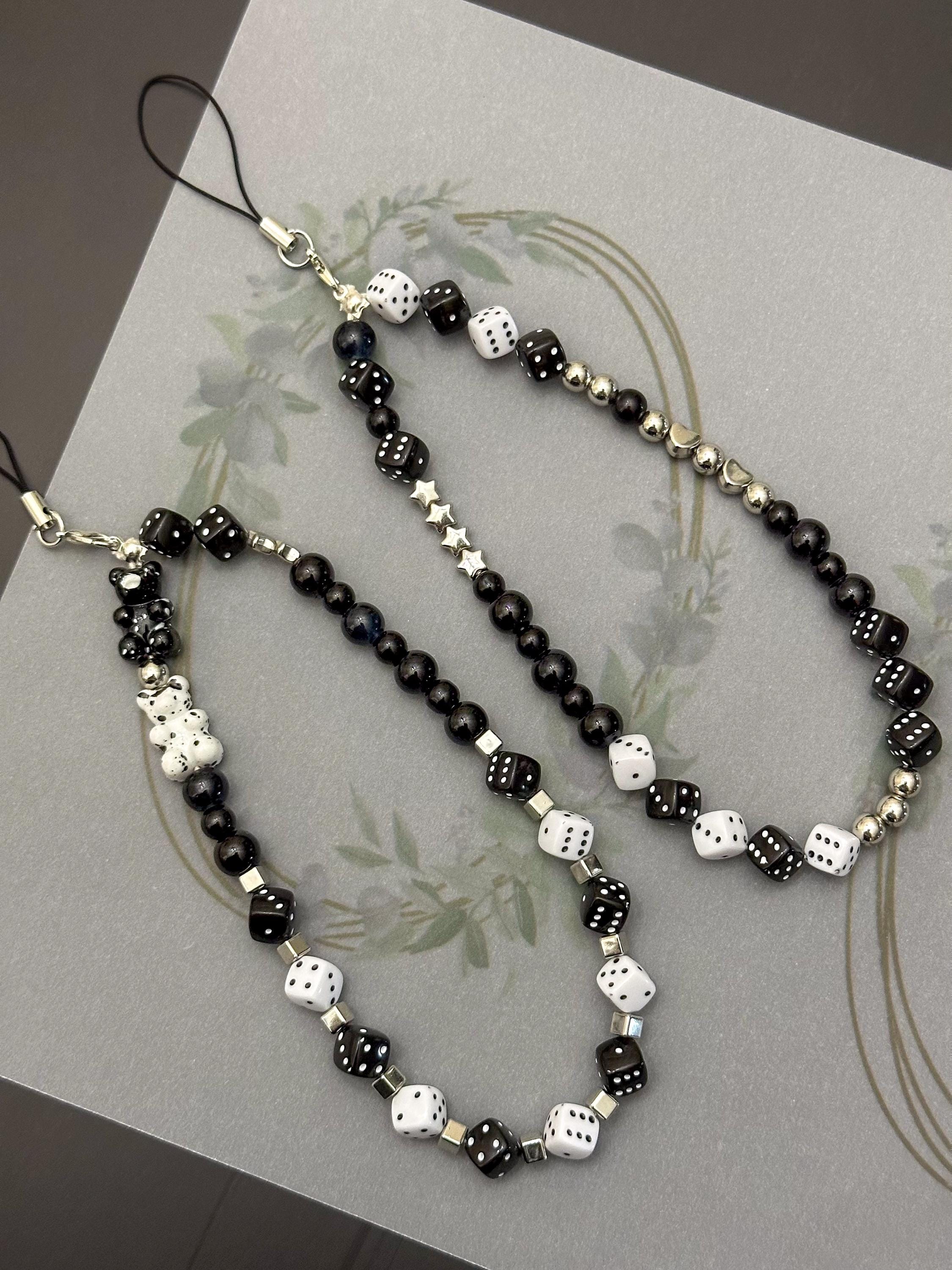 Cute Beaded Black & White Dice Phone Charm, Phone Strap