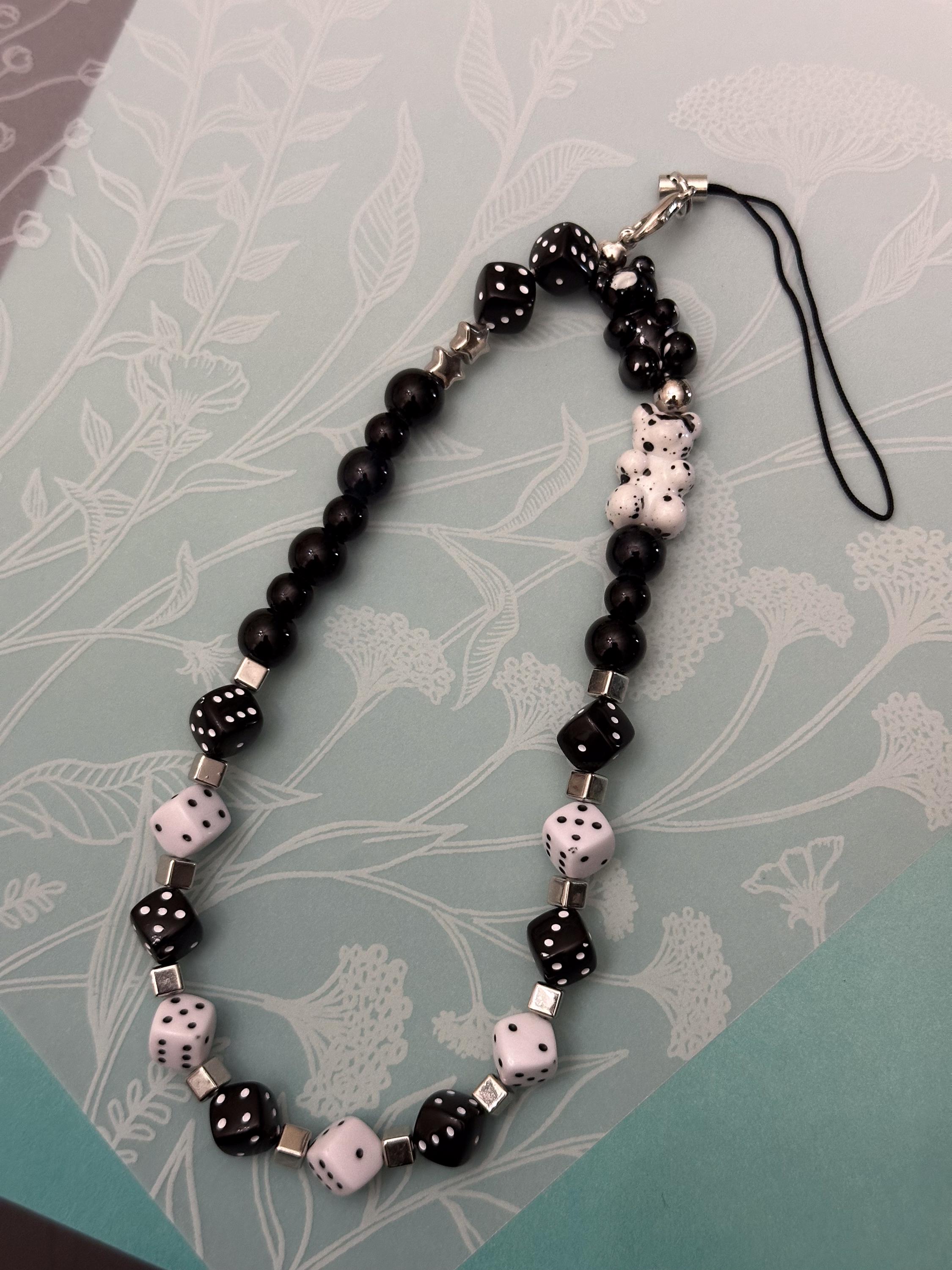 Cute Beaded Black & White Dice Phone Charm, Phone Strap
