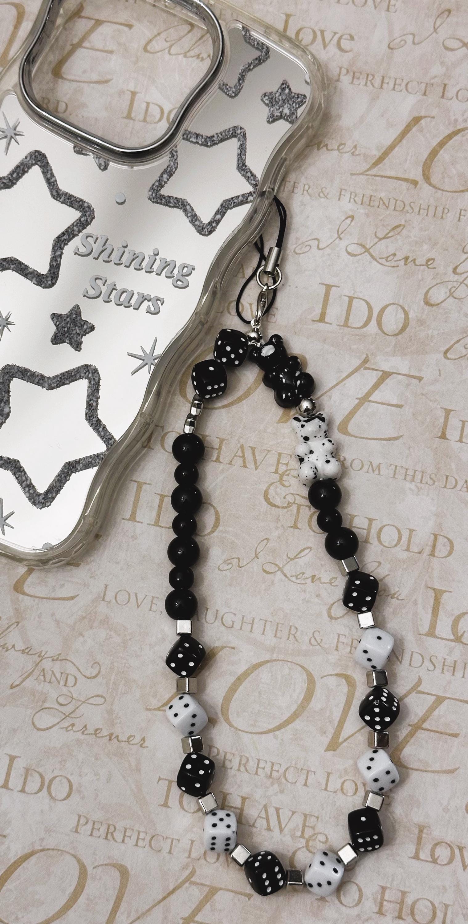 Cute Beaded Black & White Dice Phone Charm, Phone Strap