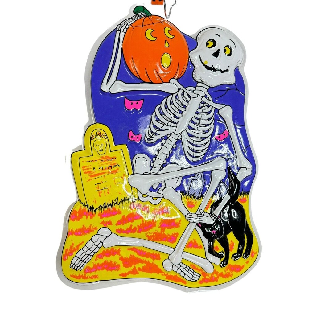 Vintage Glowing Plastic Vacuform Halloween Skelton Pumpkins Black Cat ...