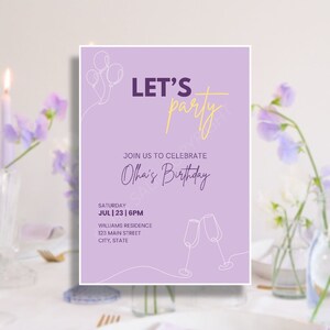 Lilac Birthday Party Invitation Card Template - Etsy