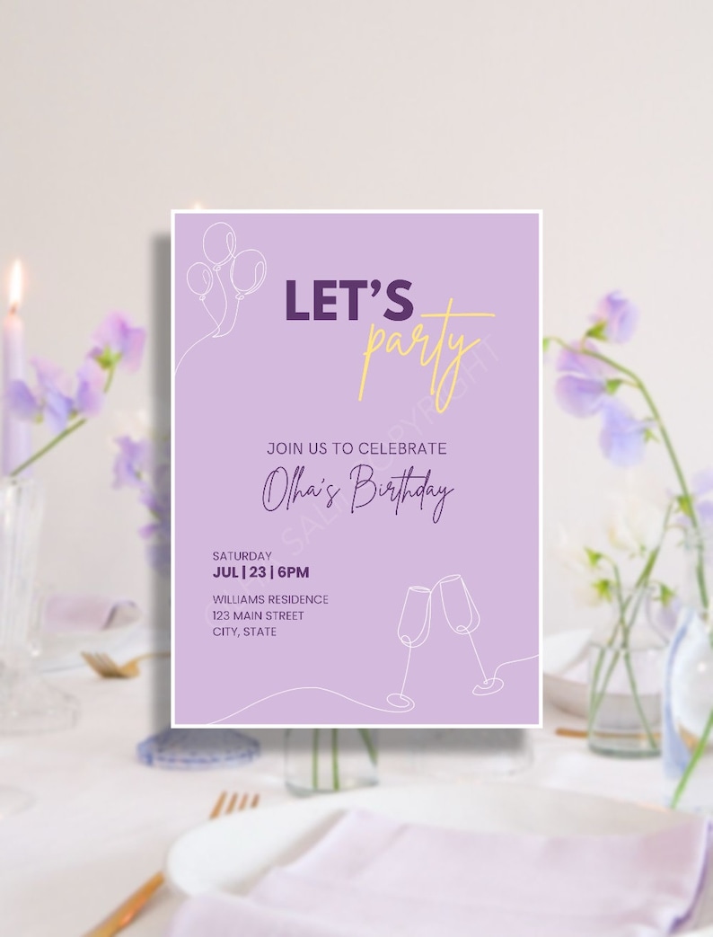 Lilac Birthday Party Invitation Card Template - Etsy