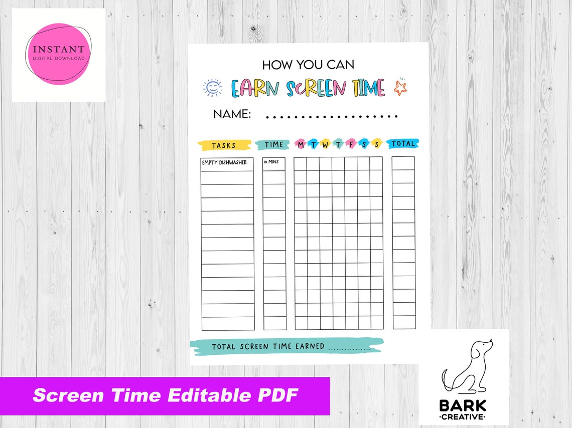 Kids Screen Time Checklist | Editable Chore Chart for Kids | Screen ...