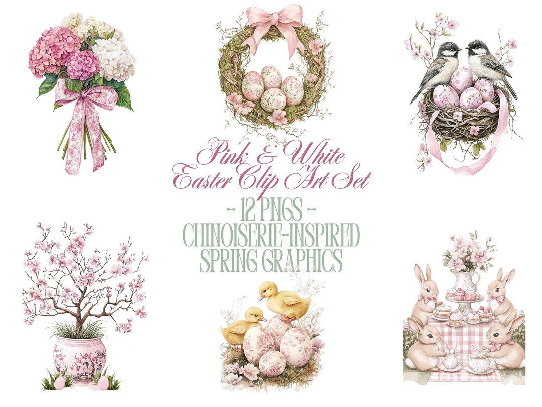 Pink and White Easter Clip Art Set – 12 Chinoiserie-inspired Spring ...
