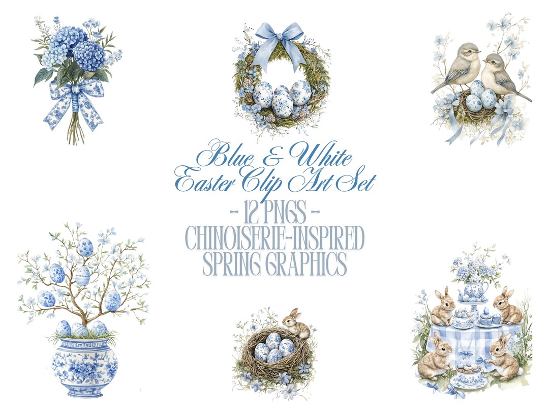 Blue & White Easter Clip Art Set – 12 Pngs – Chinoiserie-inspired ...