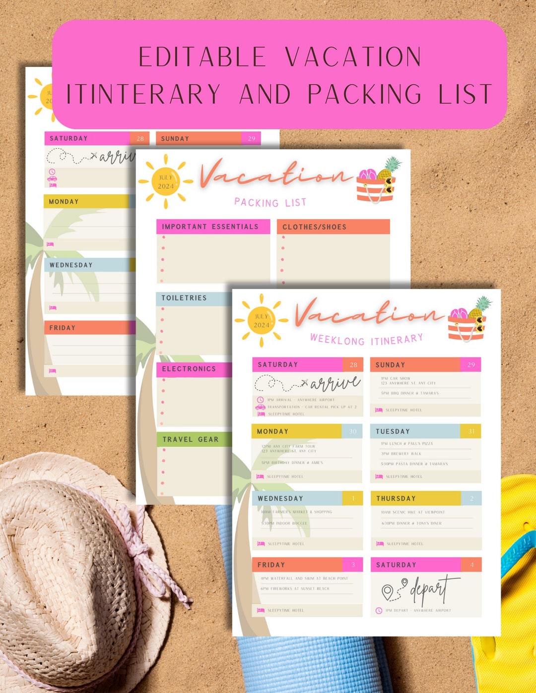 Editable Vacation Itinerary Planner & Packing List Trip Planner and ...