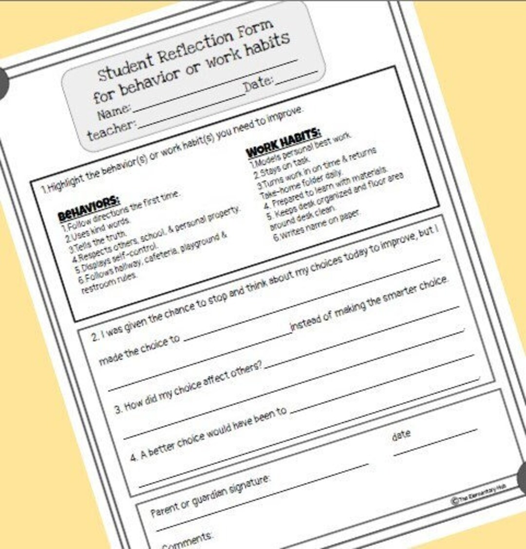 Behavior & Work Habits' Student Reflection Form - Etsy