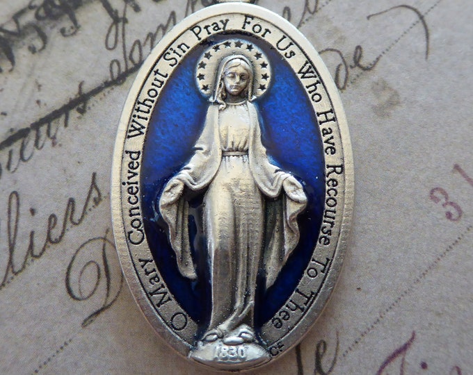 Large Cobalt Blue Enamel & Silver Miraculous Medal of the Immaculate ...