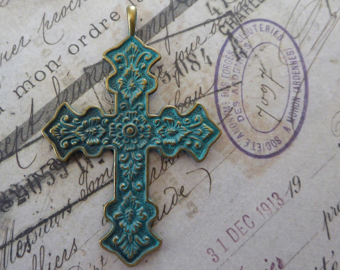 VERDIGRIS Patina Cross With Floral Shell & Scrollwork Motifs - Etsy