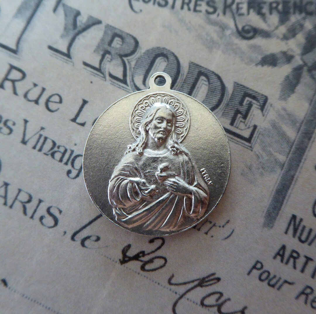 Vintage Italian Silver Catholic Medal Pendant: Sacred Heart of Jesus ...