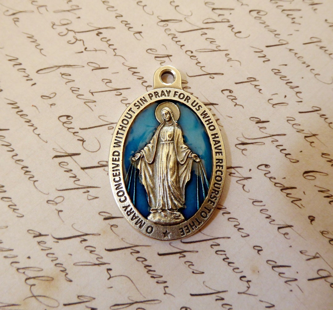 Miraculous Medal of the Immaculate Conception 1830 Large Turquoise Blue Enamel, Silver Blessed ...