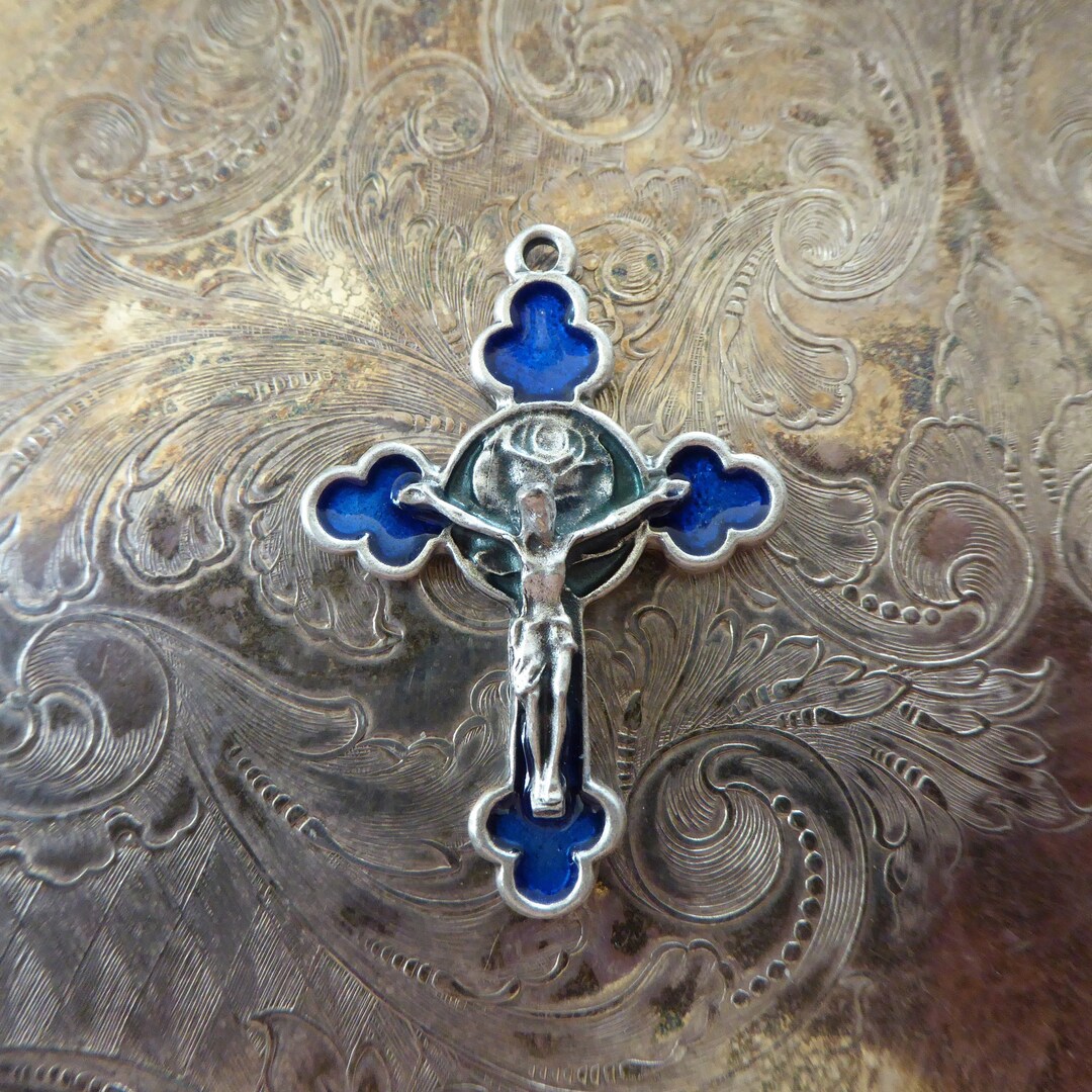 Italian COBALT Blue ENAMEL Gothic Crucifix With Flower Silver Holy ...