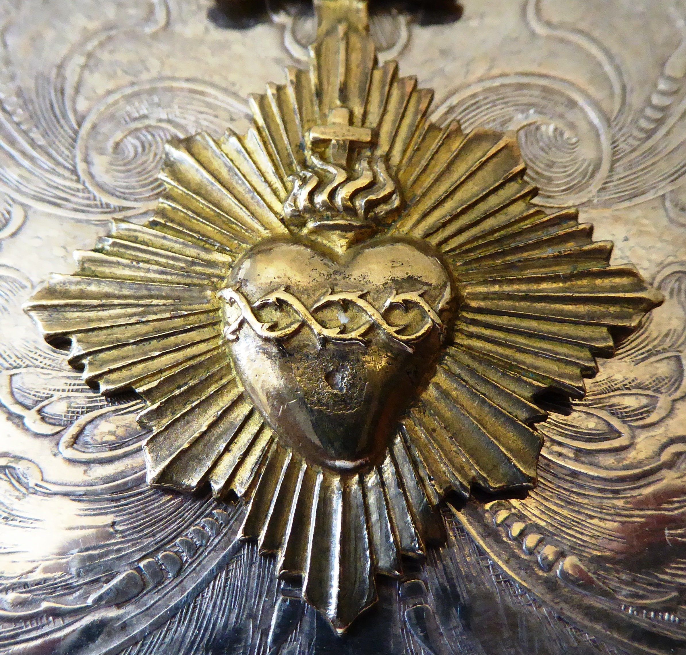 Flaming Sacred Heart Badge Medal Oxidized Gold Crown Of | Etsy