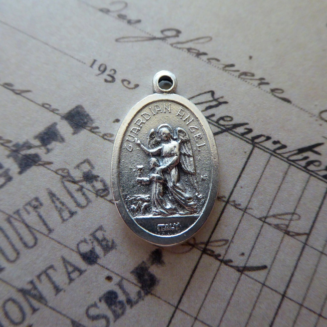 Guardian Angel Medal: Silver Italian Religious Pendant, Spanish "ruega ...